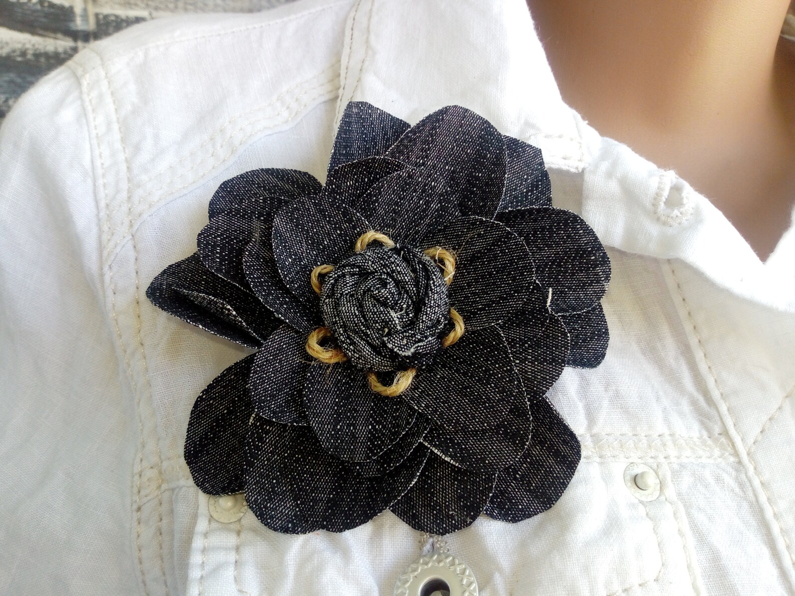 Shabby Shic Denim Flower Pin Rustic Denim Boho Dress Flower | Etsy