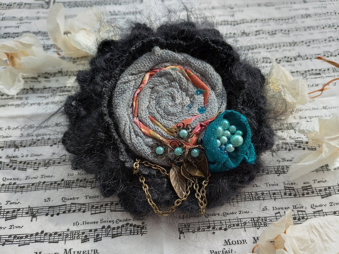 Knitted Flower Brooch: Upcycled Fabric Pin With Frivolite Lace - Etsy