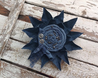 Denim Black Dress Flower Fabric Flower Brooch Shabby Shic Denim Flower ...