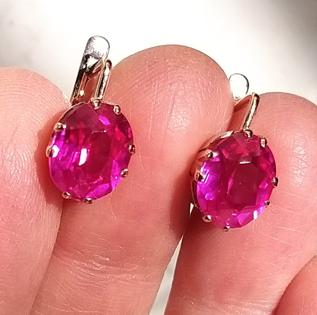 Natural Ruby! Vintage Gold 583 Star Solid Gold Rose Gold Earrings With ...