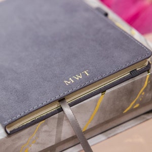 Grey Suede Personalised Notebook & Pen, Luxury Initials Embossed A5 ...