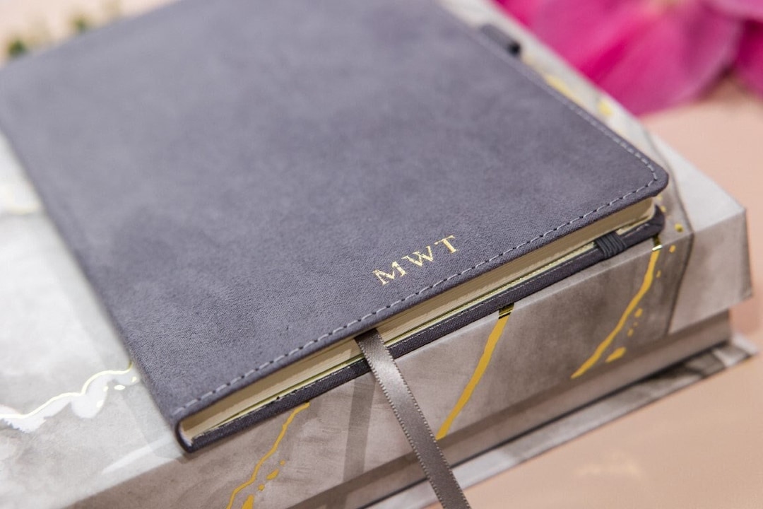 Grey Suede Personalised Notebook & Pen, Luxury Initials Embossed A5 ...