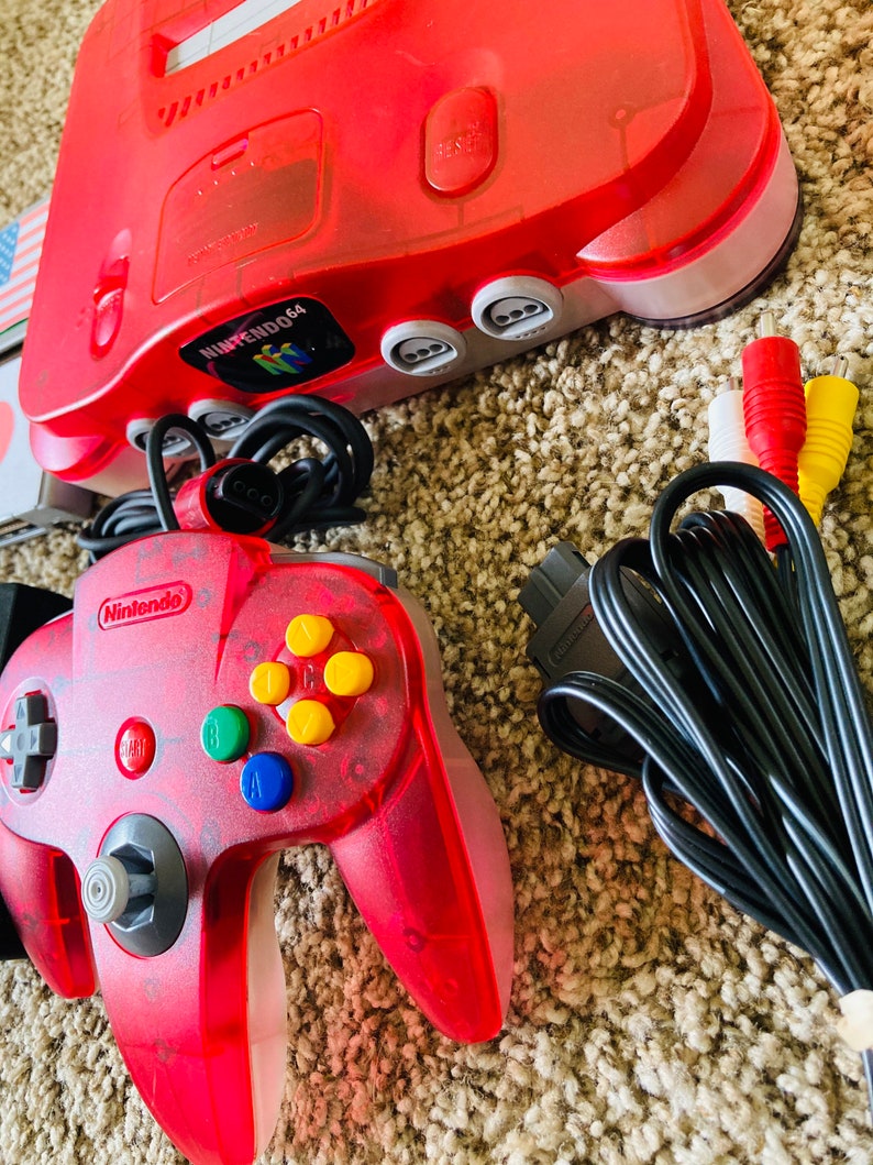 Authentic Genuine Clear Watermelon Red Pink Nintendo 64 N64 Console Set ...