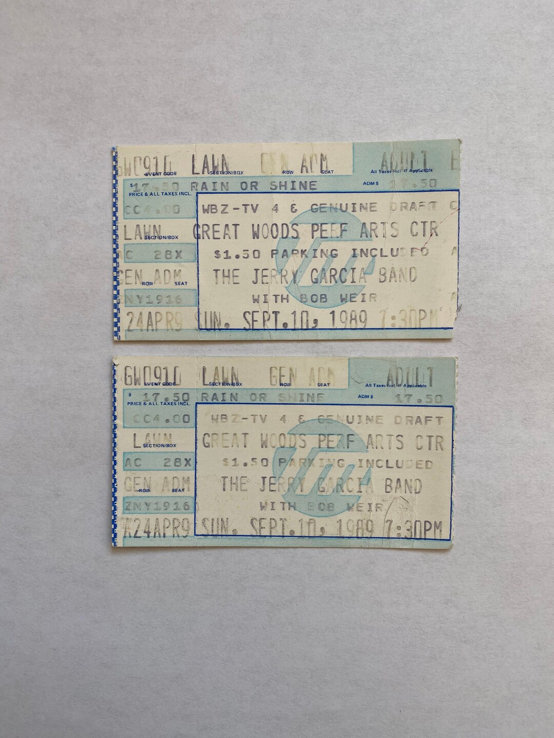 2 Vintage Concert Ticket Stubs, Jerry Garcia Band With Bob Weir, Great ...