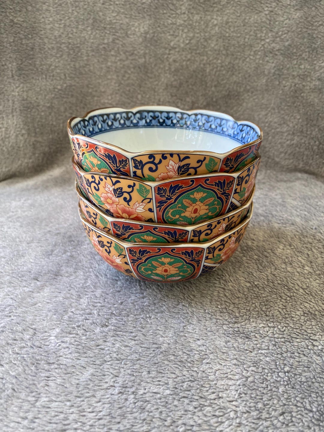 Four, Vintage, Small, Porcelain, Rice Bowls, Colorful Outside, Blue and ...