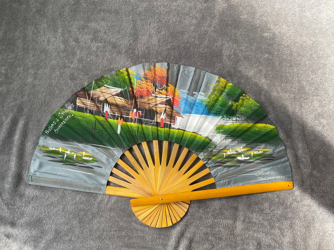 Massive, Vintage, Painted Fabric Hand Fan, Made in Thailand, Pastors ...