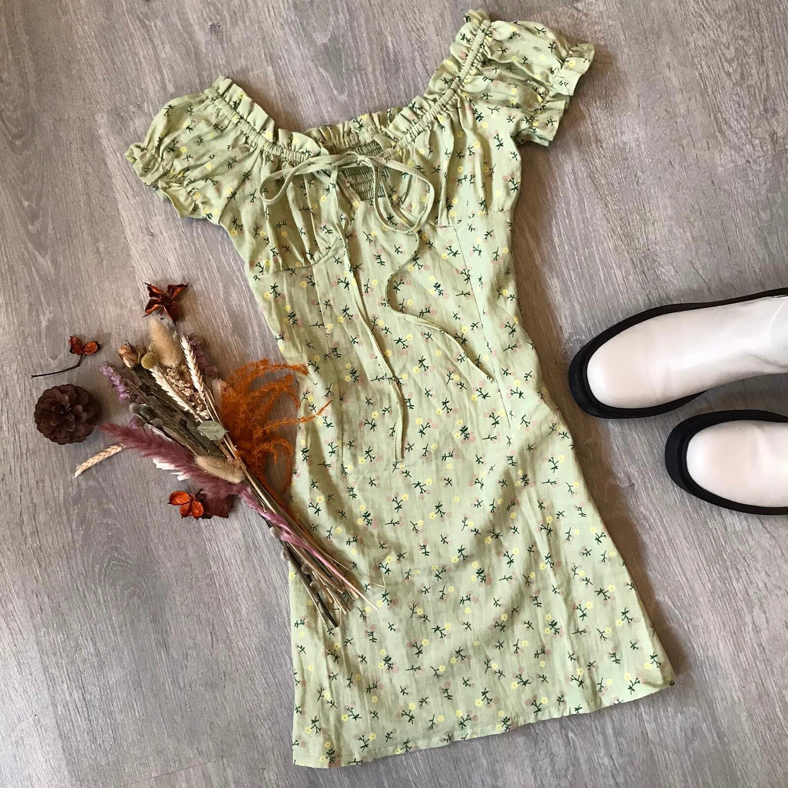 Ferreira Dress in Apple Green Made From 100% Cotton With Printed Pink ...