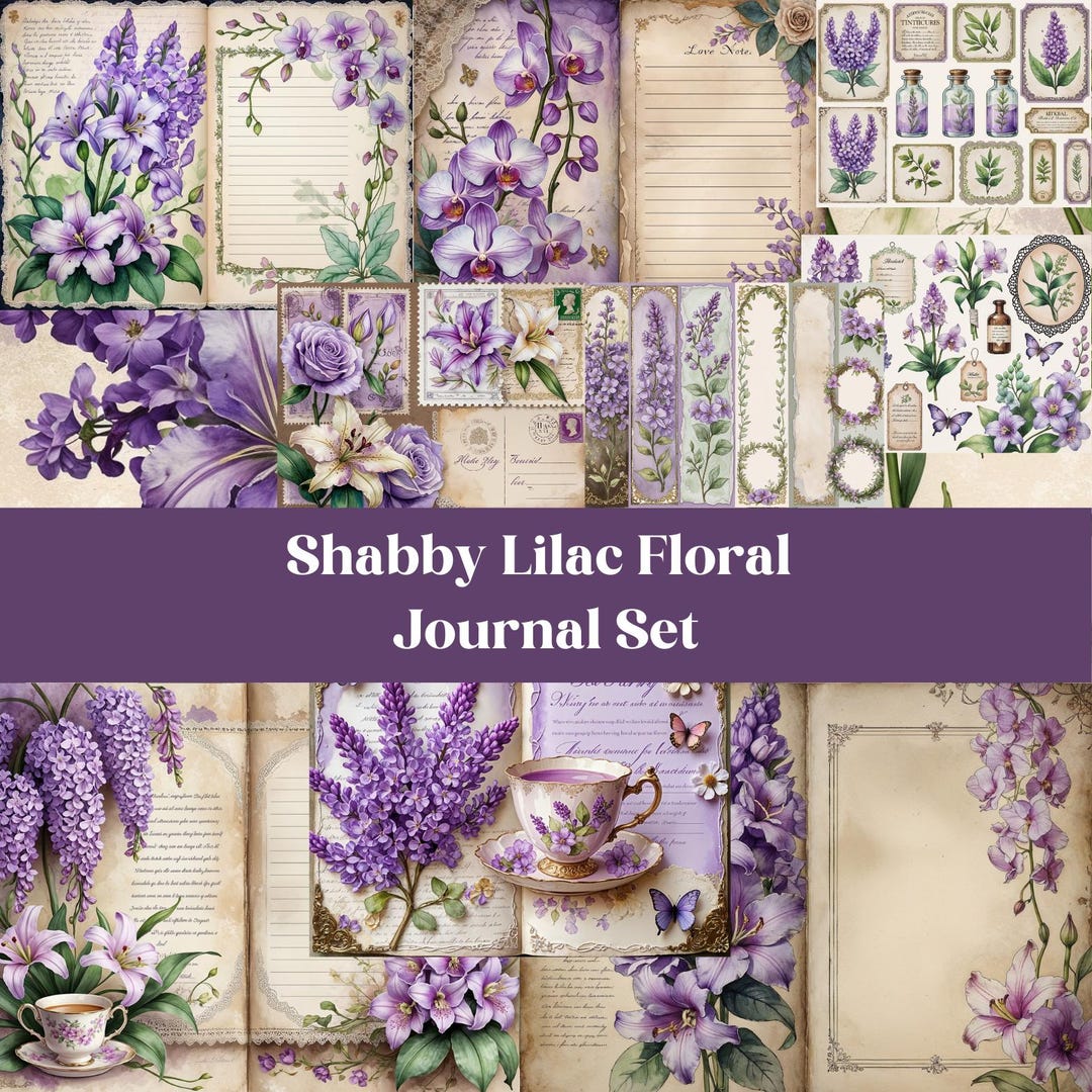 Vintage Lilac Floral Junk Journal Kit, Shabby Chic Ephemera (printable ...