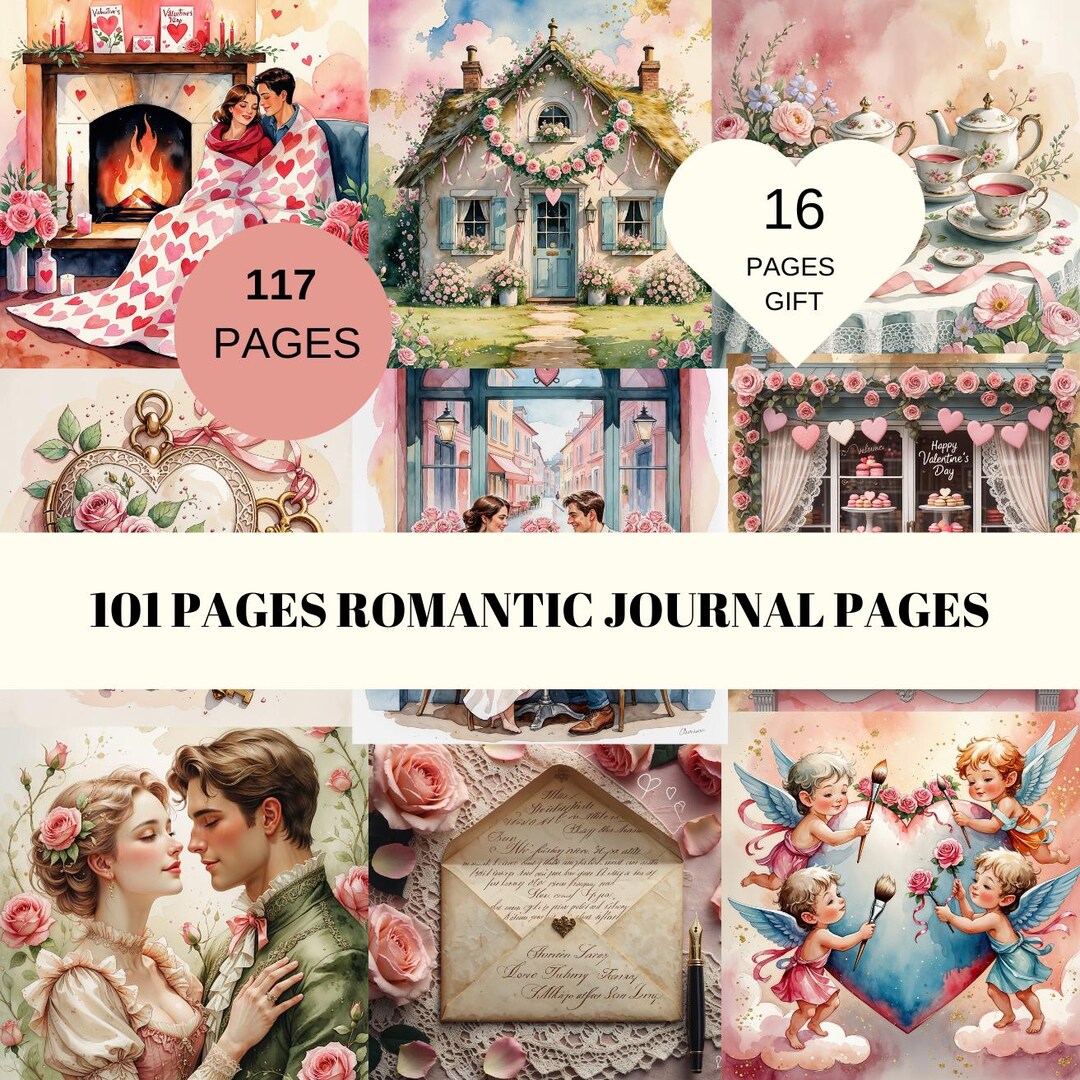 Vintage Romantic Journal Pages Bundle, Watercolor Valentine 117-page ...
