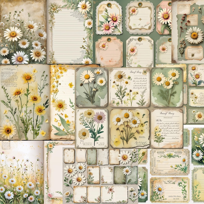 Daisy Flower Junk Journal Kit, 44-page Vintage Printable Scrapbook ...