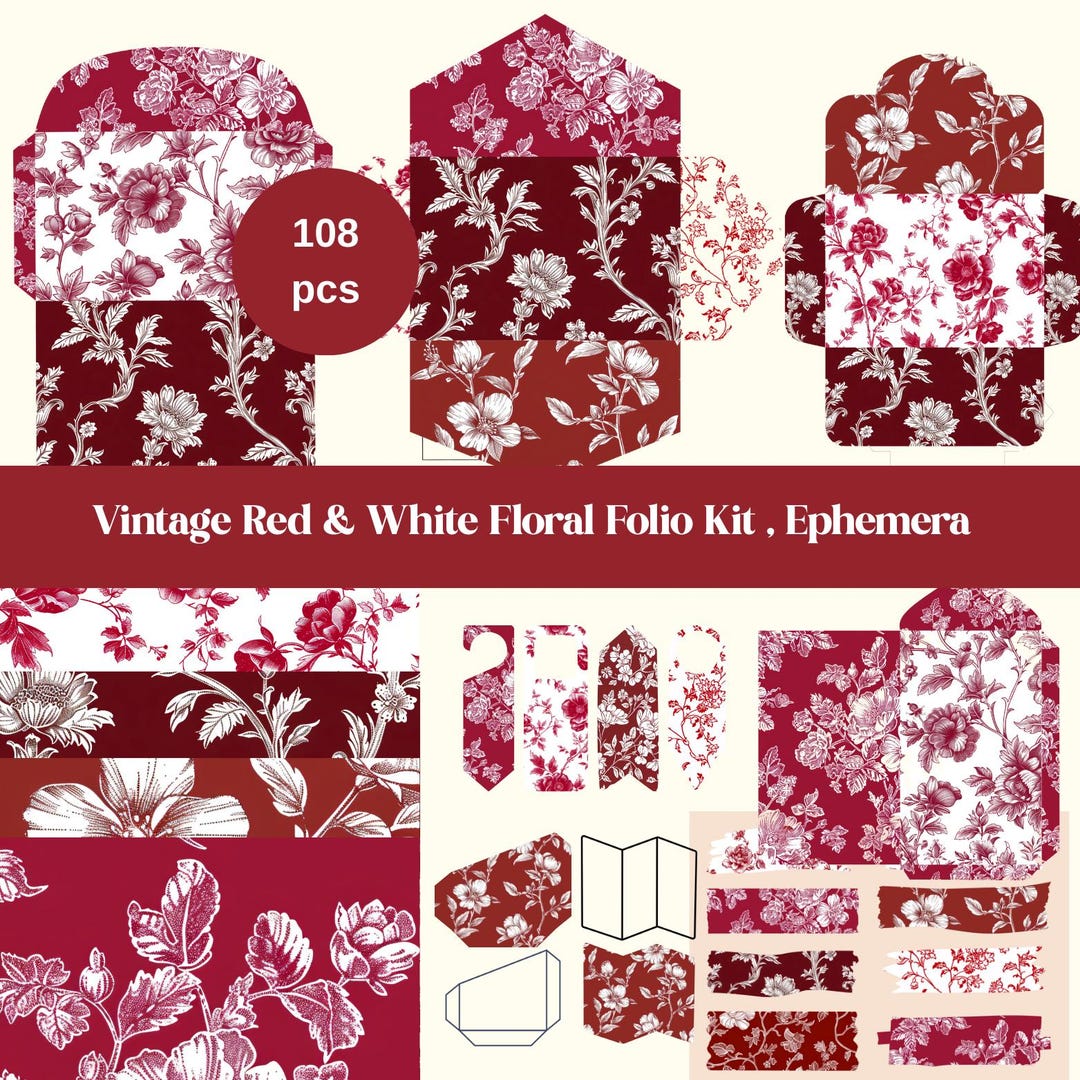 Vintage Red and White Floral Folio Kit, Printable Christmas Junk ...