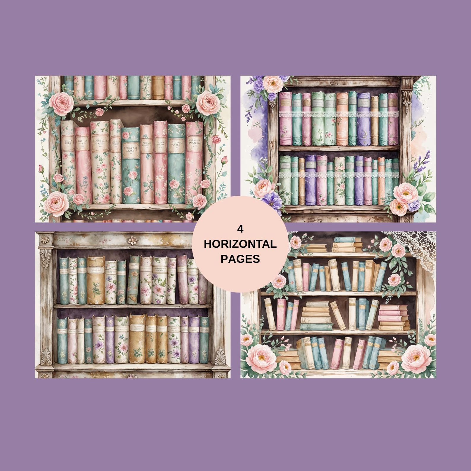 Shabby Bookshelf Library Junk Journal Pages, Bookshelf Scrapbook Kit ...