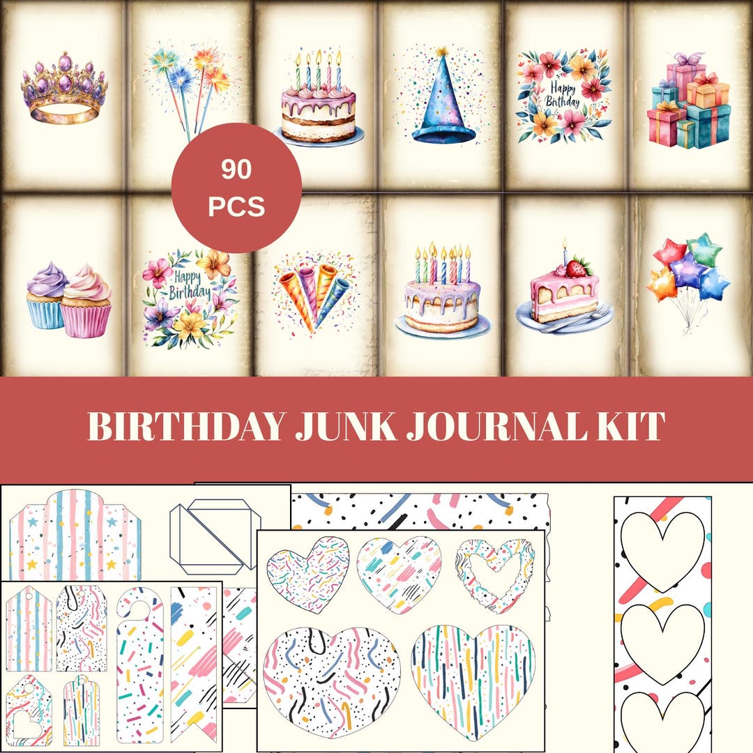 Birthday Junk Journal Kit, Printable Birthday Scrapbook Pages, Birthday ...