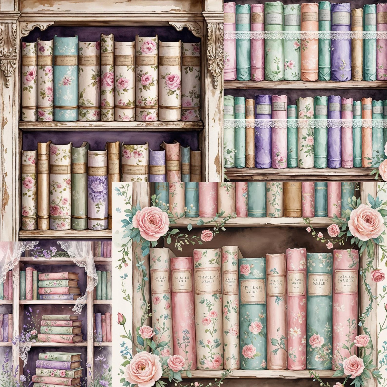 Shabby Bookshelf Library Junk Journal Pages, Bookshelf Scrapbook Kit ...