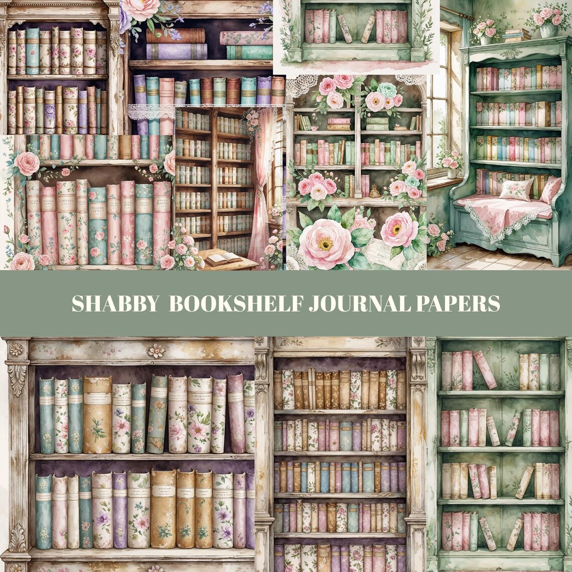 Shabby Bookshelf Library Junk Journal Pages, Bookshelf Scrapbook Kit ...