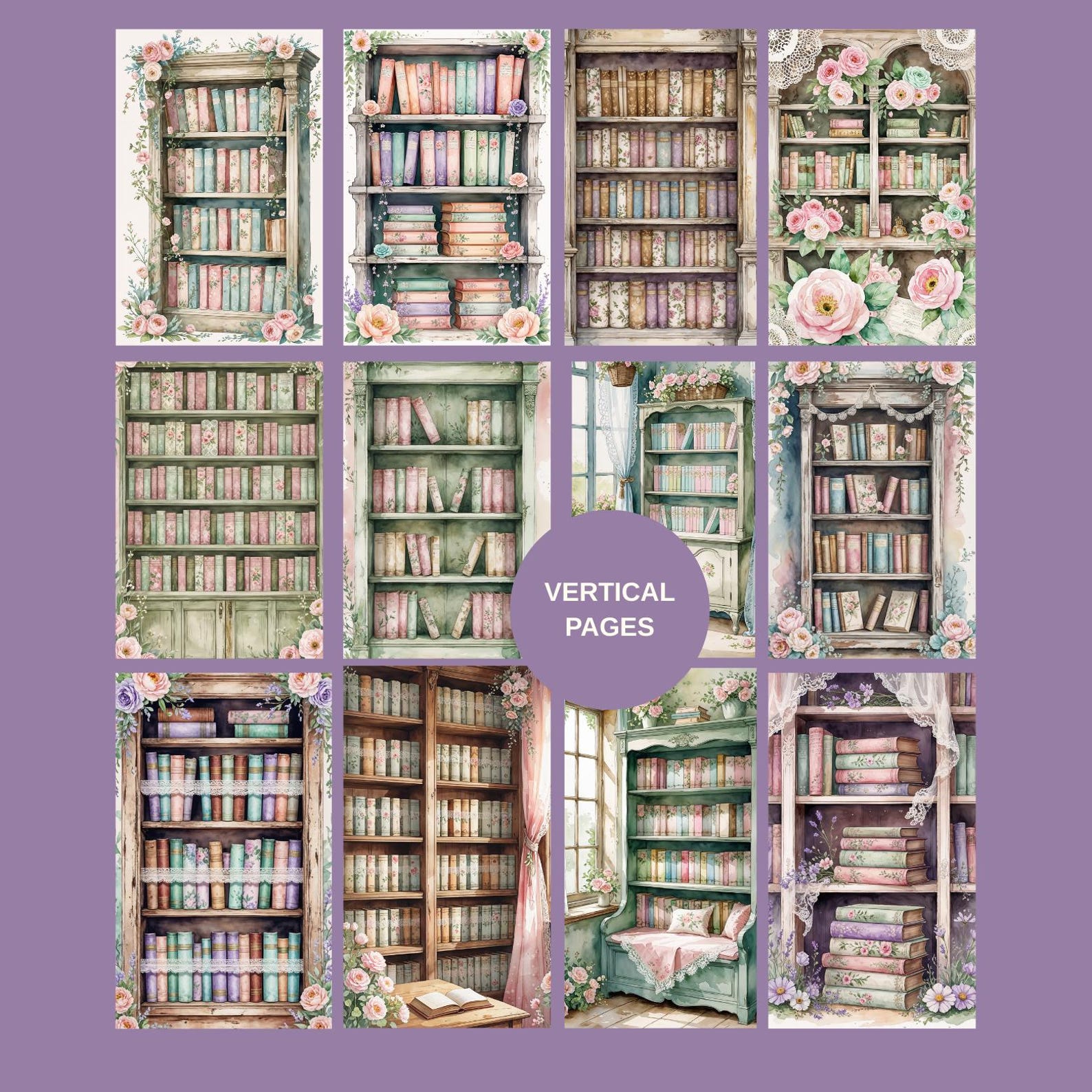 Shabby Bookshelf Library Junk Journal Pages, Bookshelf Scrapbook Kit ...