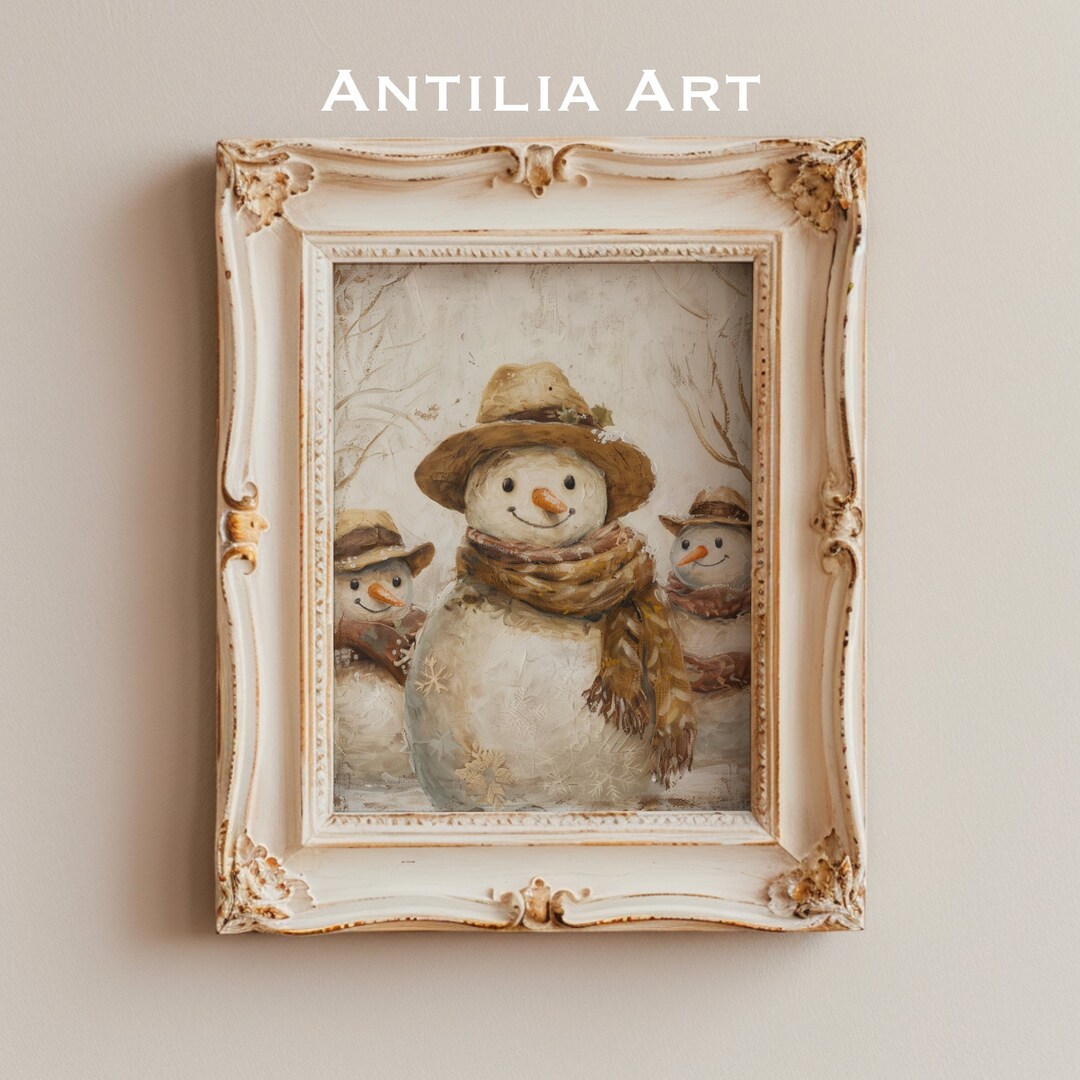 Snowmen | Vintage Christmas Snowman Painting | Rustic Whimsical Wall ...