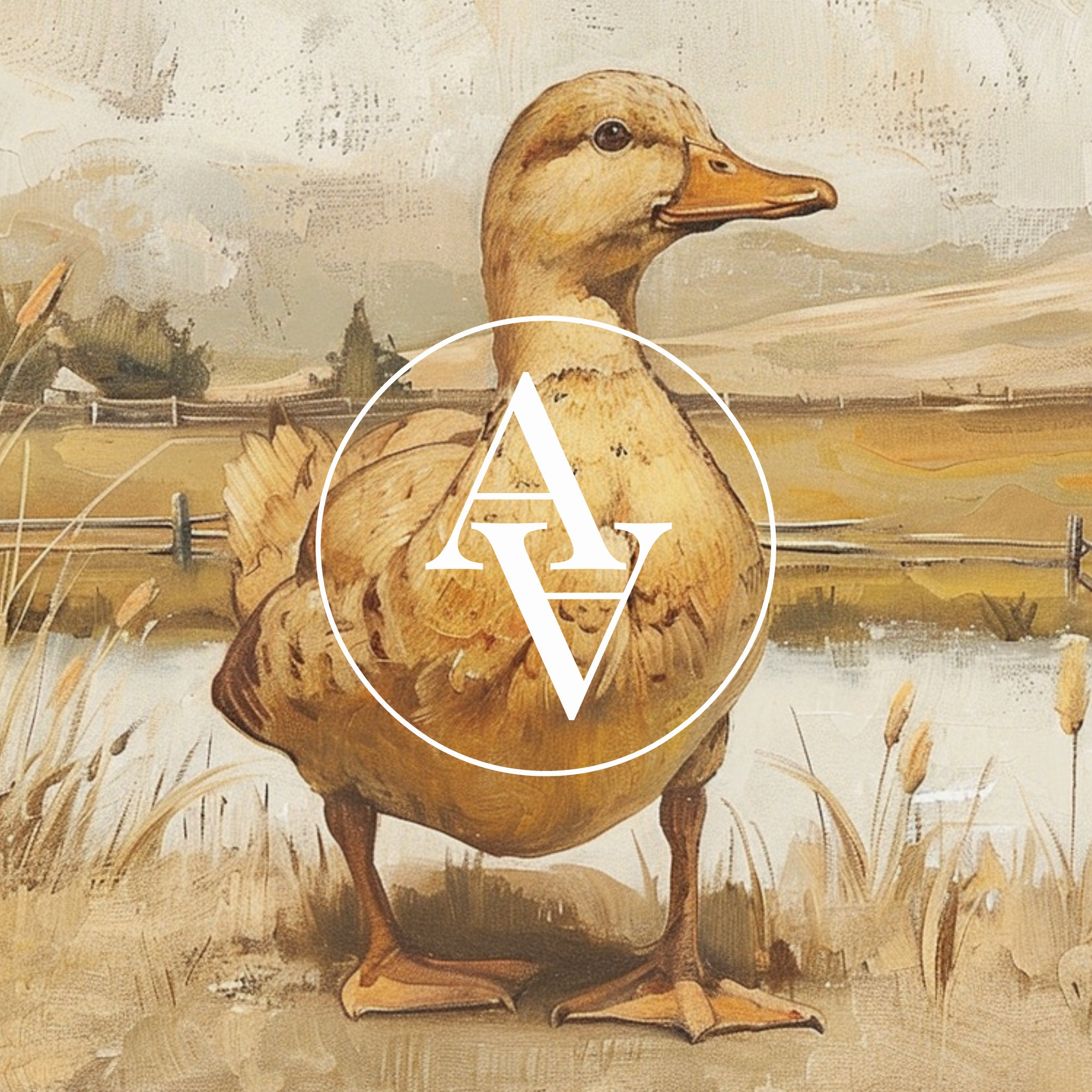 Duckling Vintage Duck Portrait Painting Pond Landscape Art Print Rustic ...