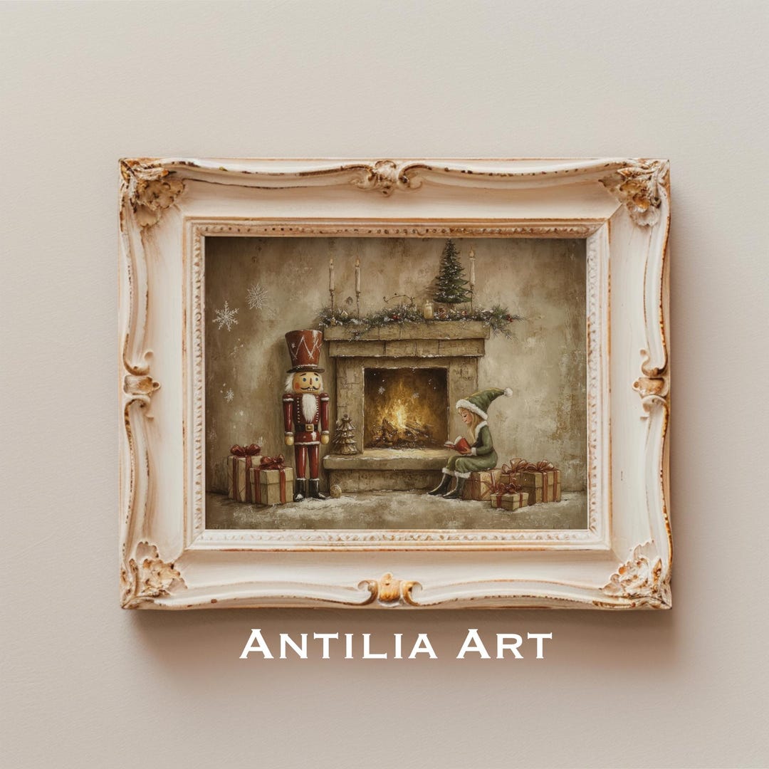 Vintage Christmas Elf & Nutcracker Painting | Holiday Wall Art (digital ...