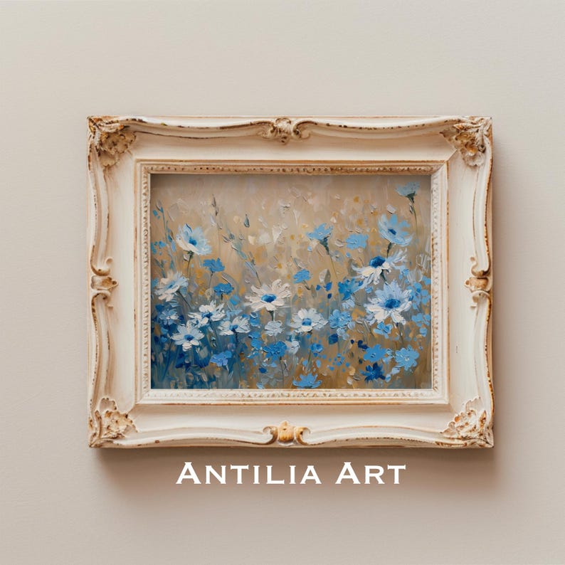 Vintage Blue Wildflower Field Print | Antique Floral Oil Painting ...