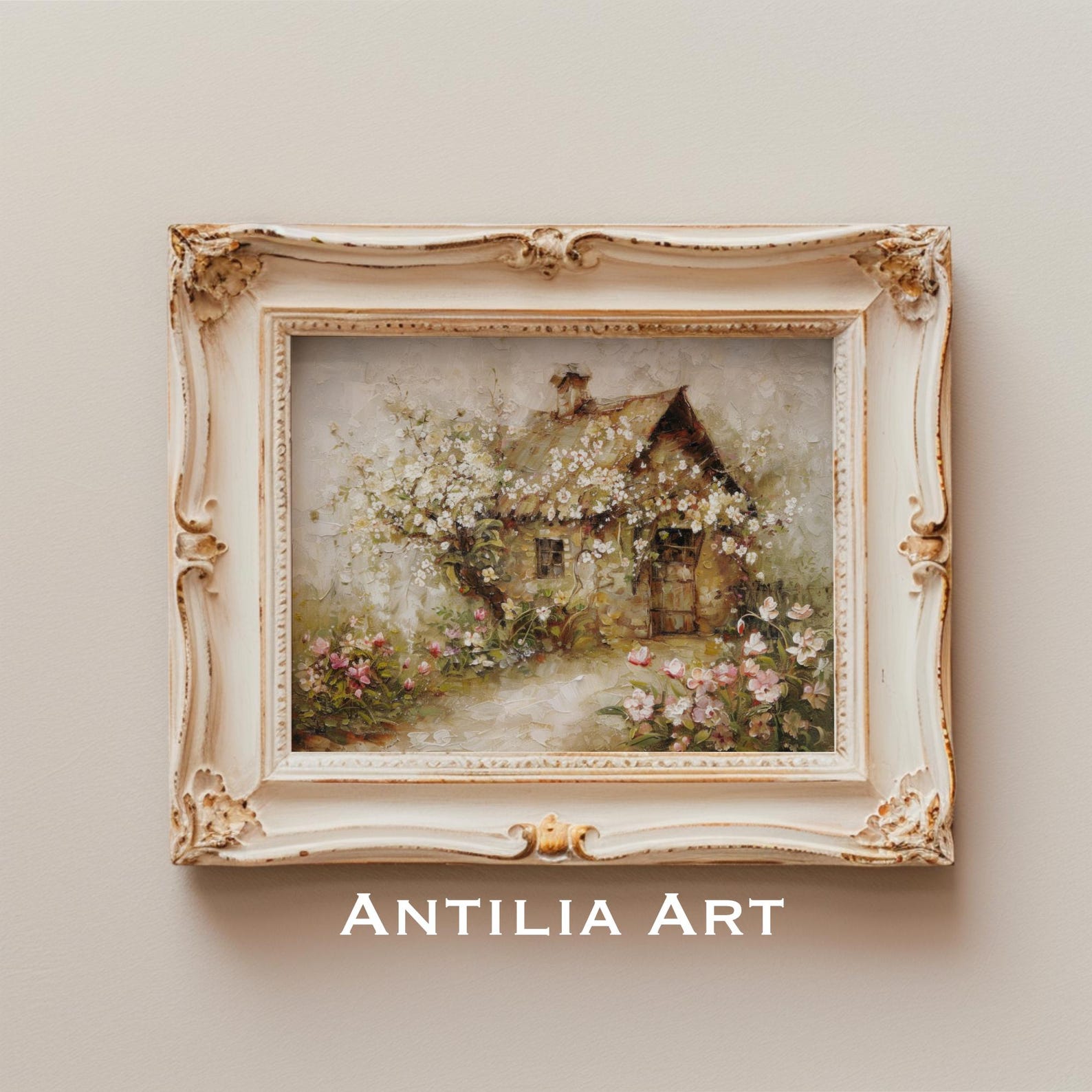 Stone Cottage Spring Flowers Print | Rustic Botanical Wall Art (digital ...