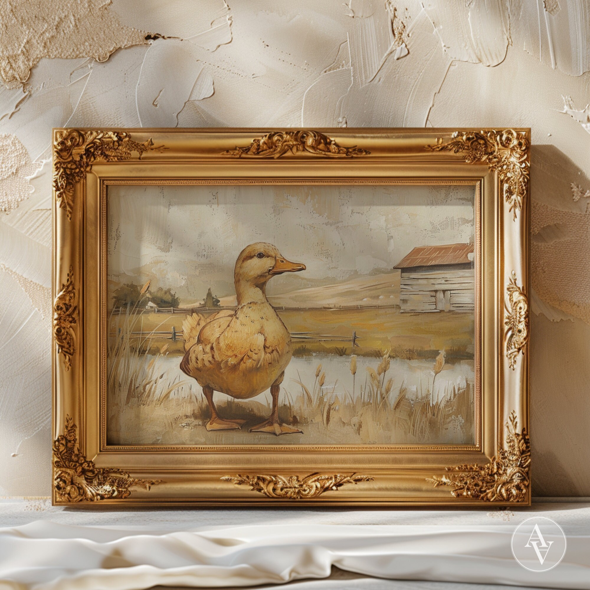 Duckling Vintage Duck Portrait Painting Pond Landscape Art Print Rustic ...