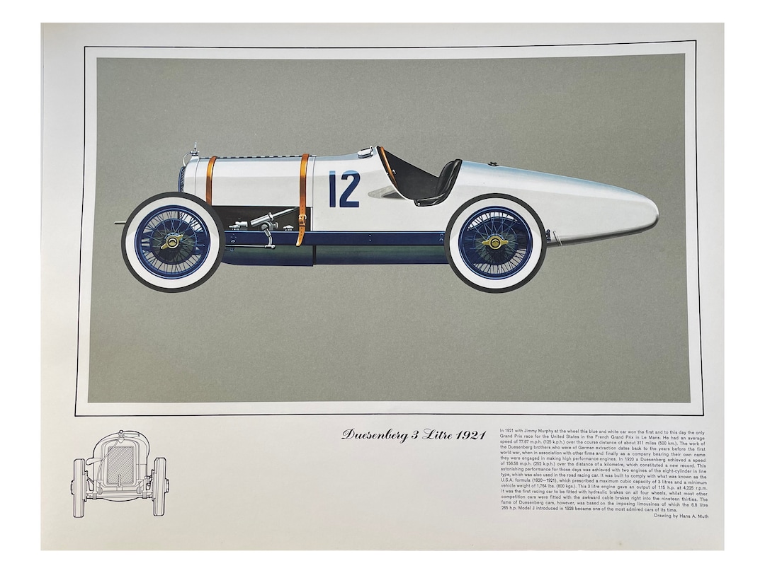 Genuine Vintage Racing Car Print, Dusenberg 3 Litre 1921, Large Vintage ...