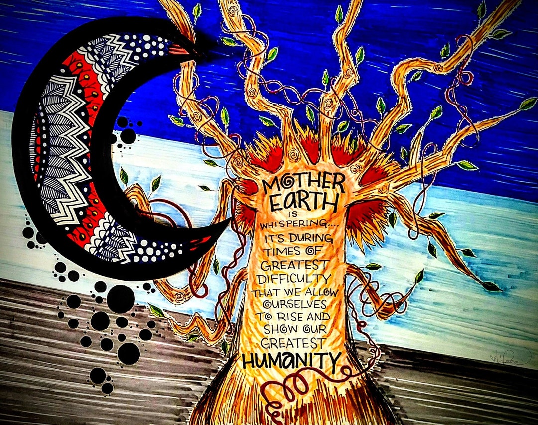 Humanity Mother Earth Moon Tree Art Canvas Ink Paint Sketch Original ...