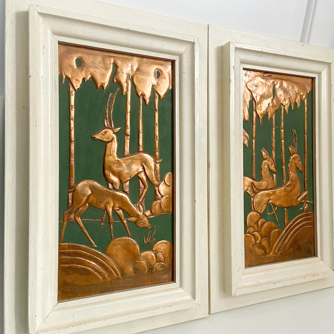 Beautiful Copper Metal Work Artwork Set of 2 Gazelle Forest Nature ...