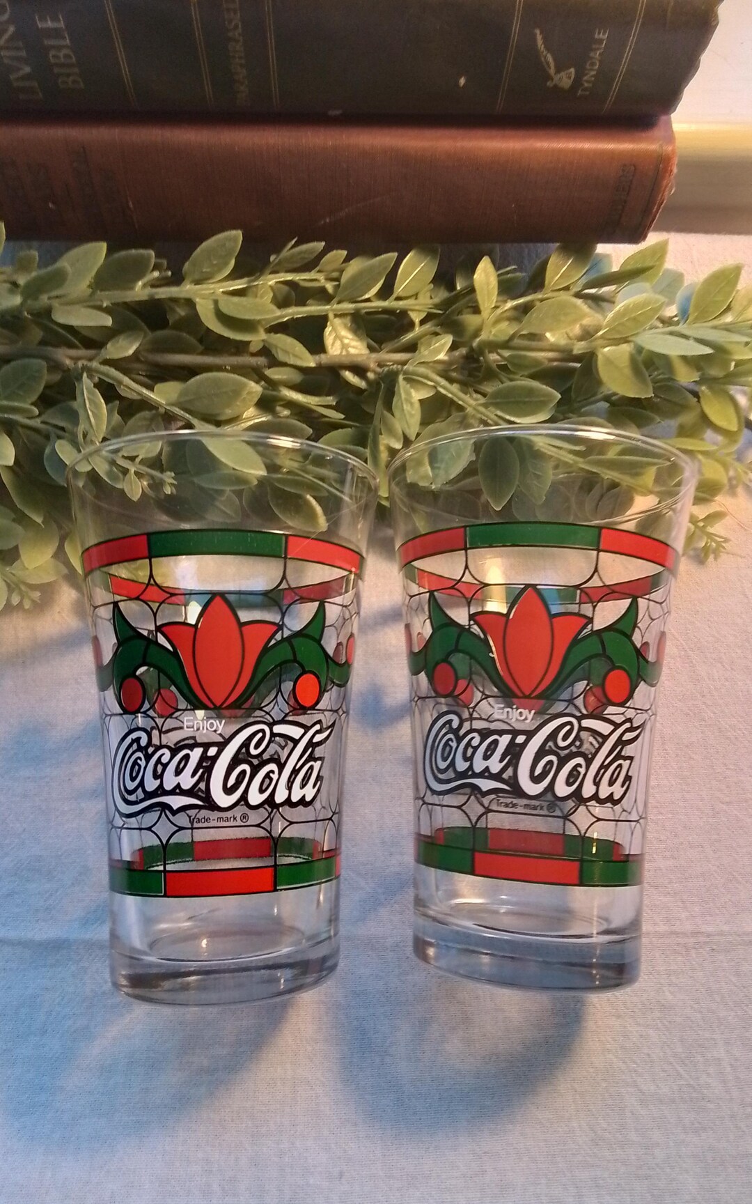 Vintage Pair of Coca Cola Drinking Glasses Red and Green Tulip Coca ...