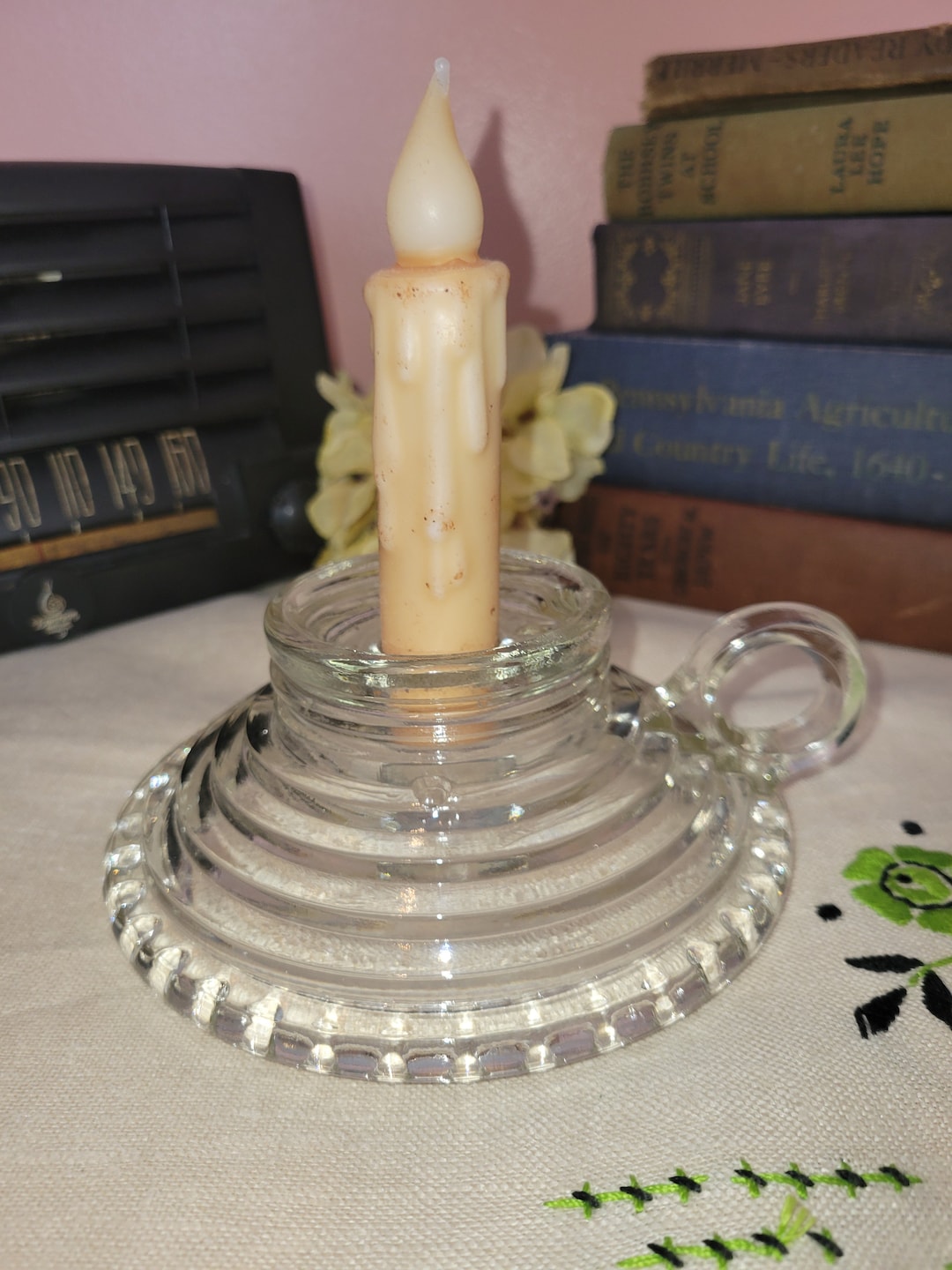 Vintage Clear Glass Chamberstick Candlestick Holder - L.E. Smith Style ...