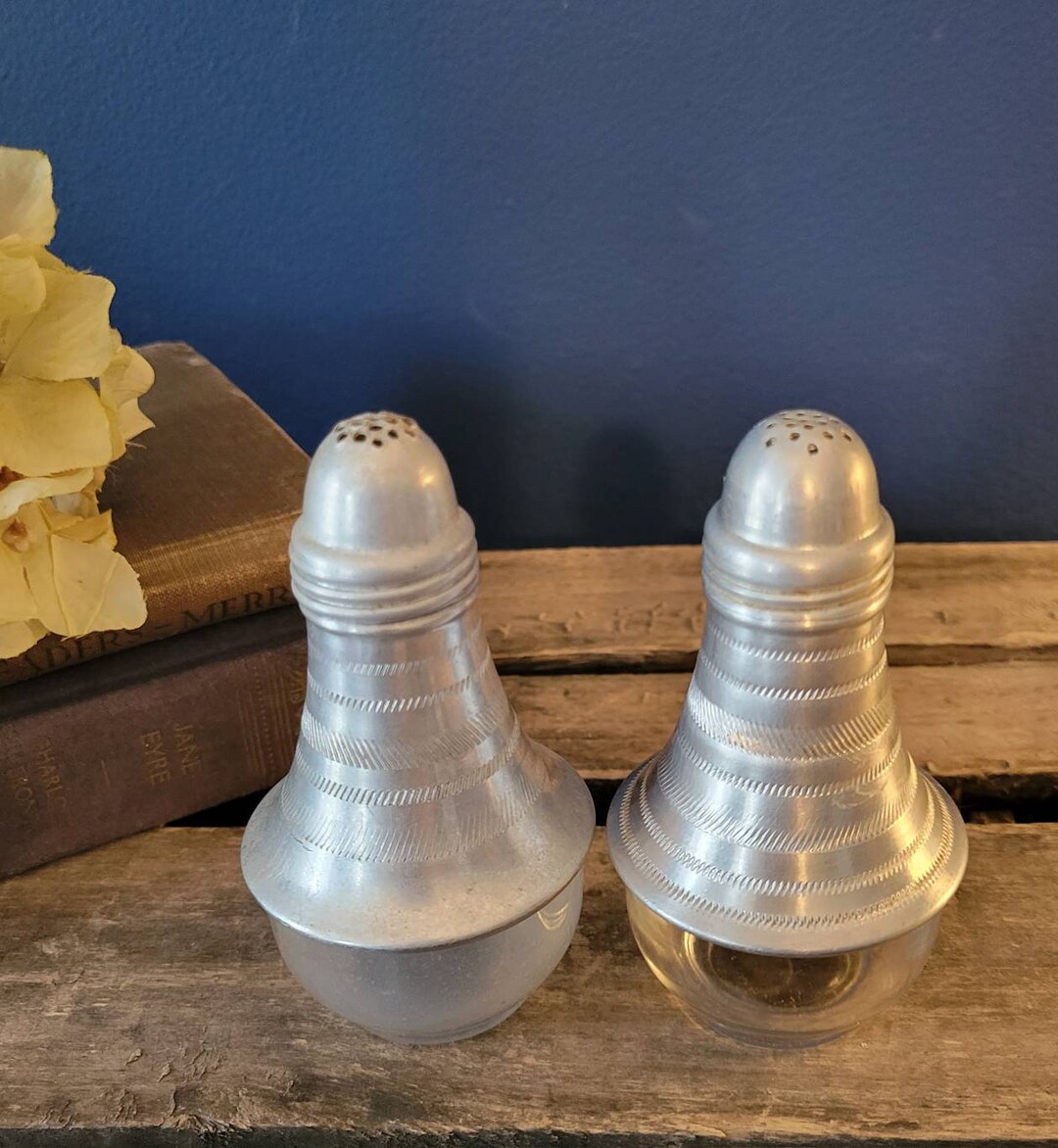 Vintage Salt and Pepper Shakers Etched Aluminum and Glass Mid Century ...