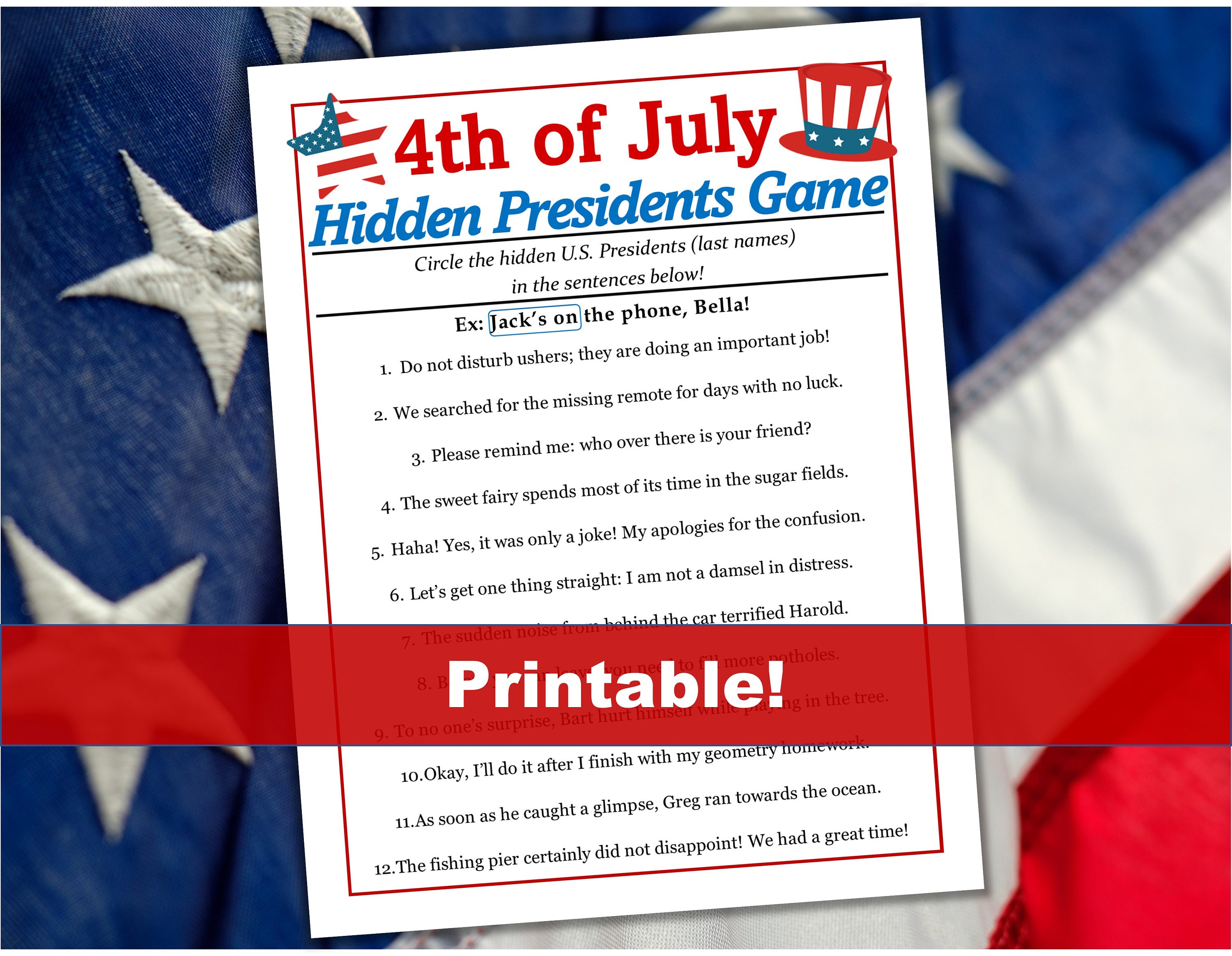 4th of July Printable Game - Hidden Presidents Brainteaser Game for ...