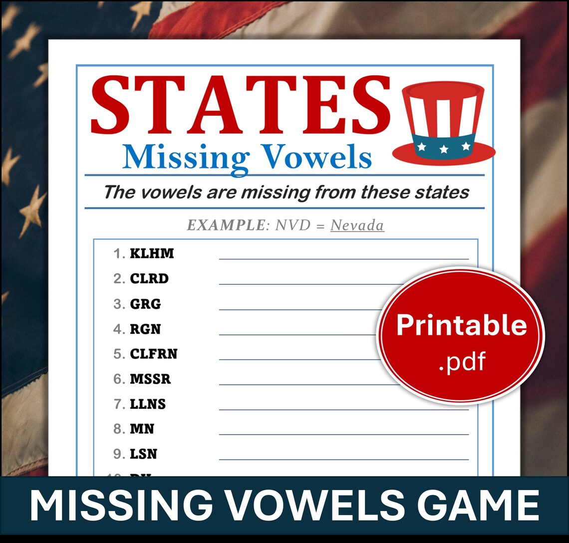 Printable States Game - Missing Vowels - Fun USA Game for Kids, Teens ...