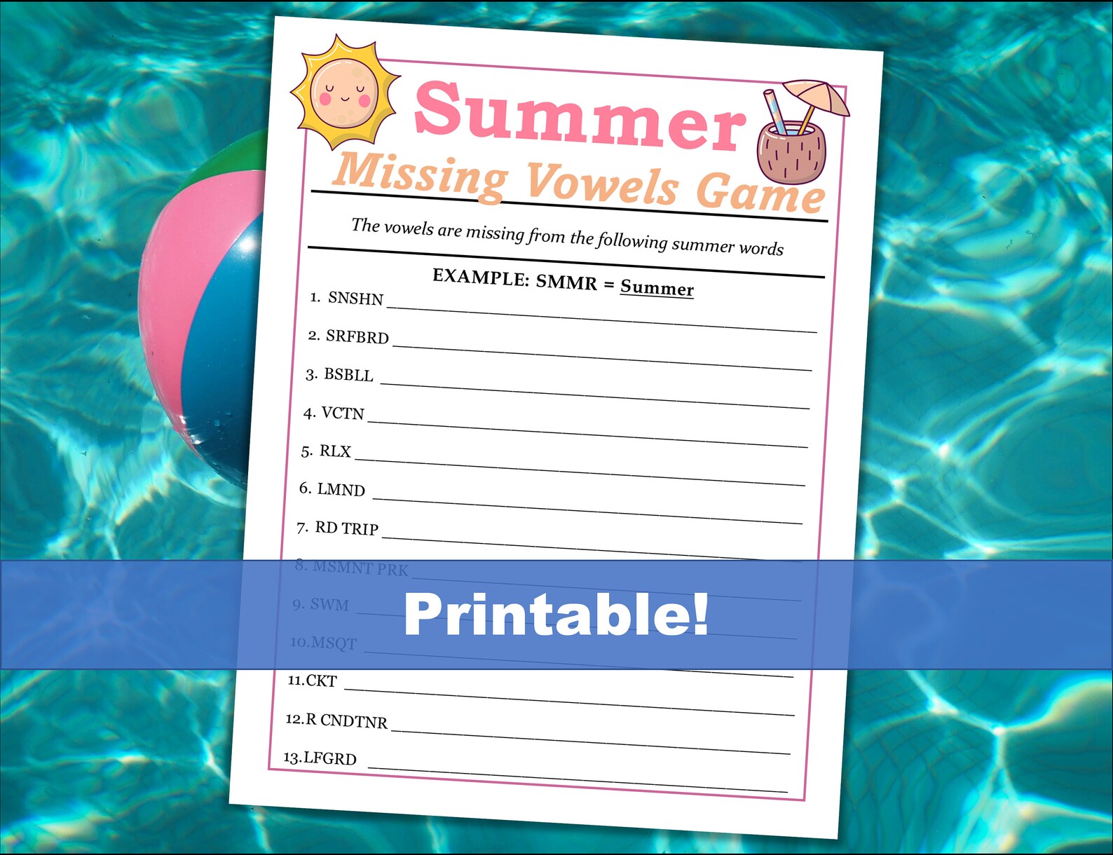 Printable Summer Game - Missing Vowels - Fun Game for Kids, Teens, and ...