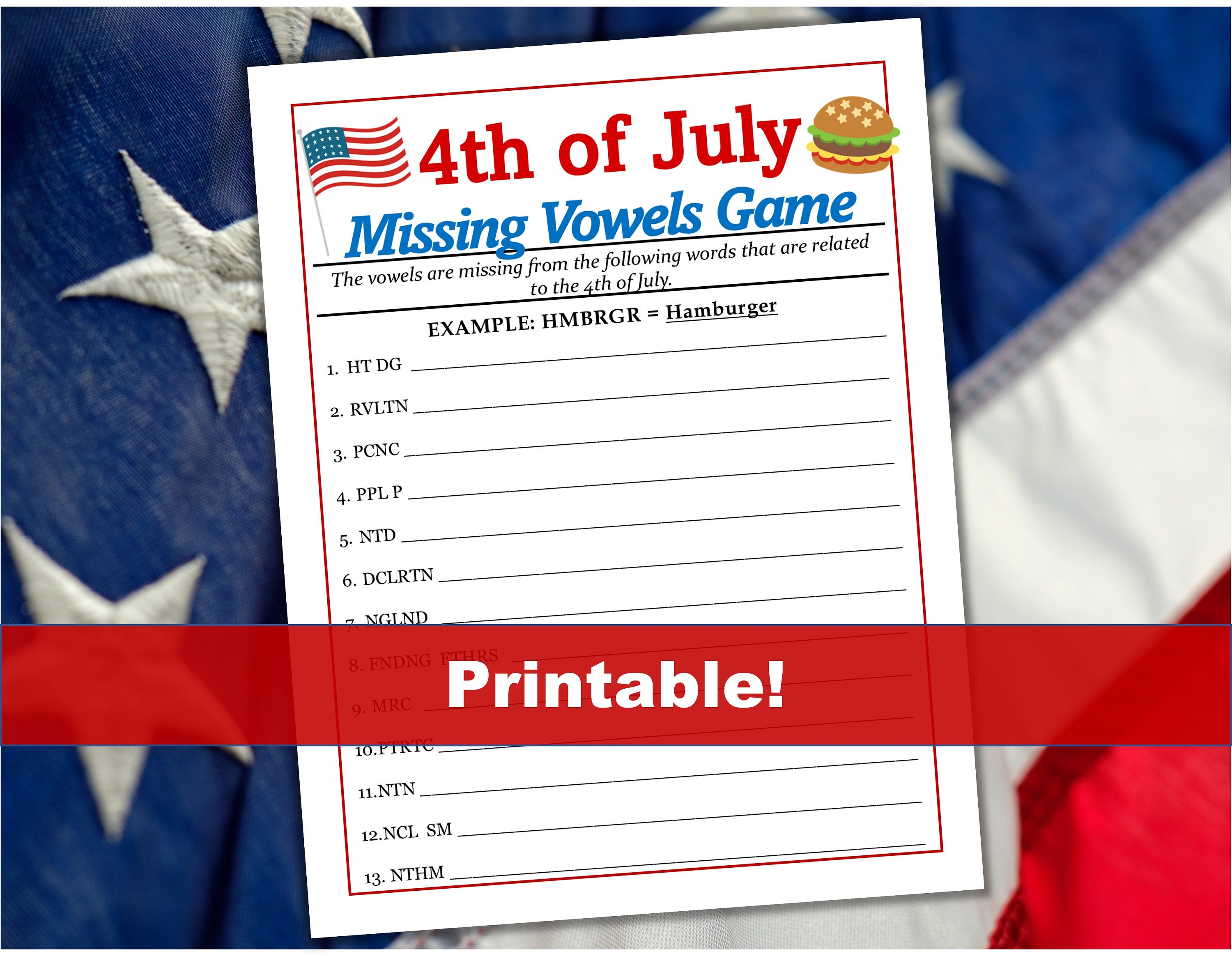 Printable 4th of July Game - Missing Vowels Brainteaser Independence ...