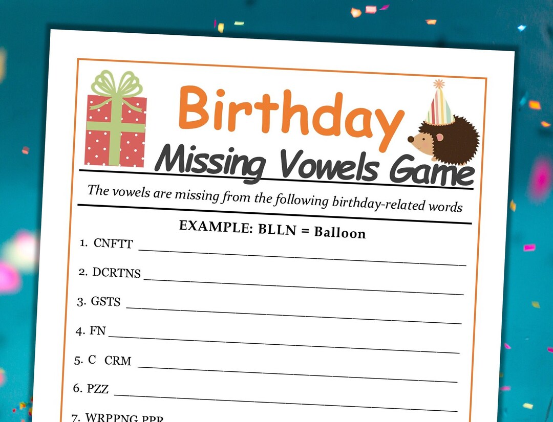 Birthday Game - Missing Vowels Printable Game - Printable Birthday ...