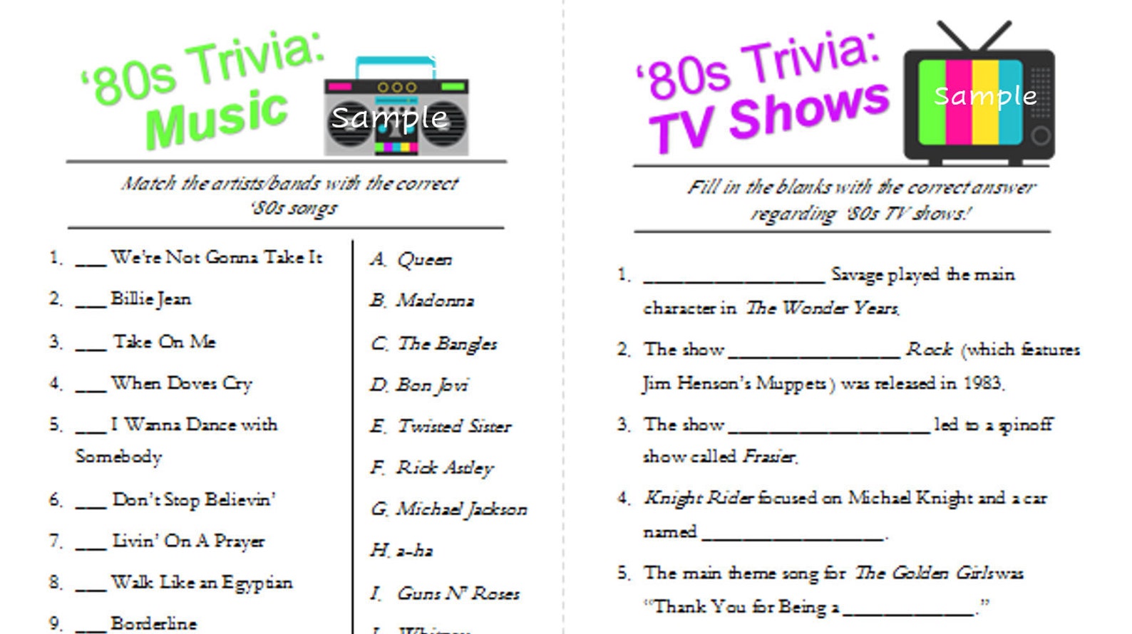 80s Trivia Pack Printable Trivia 1980's Game | Etsy