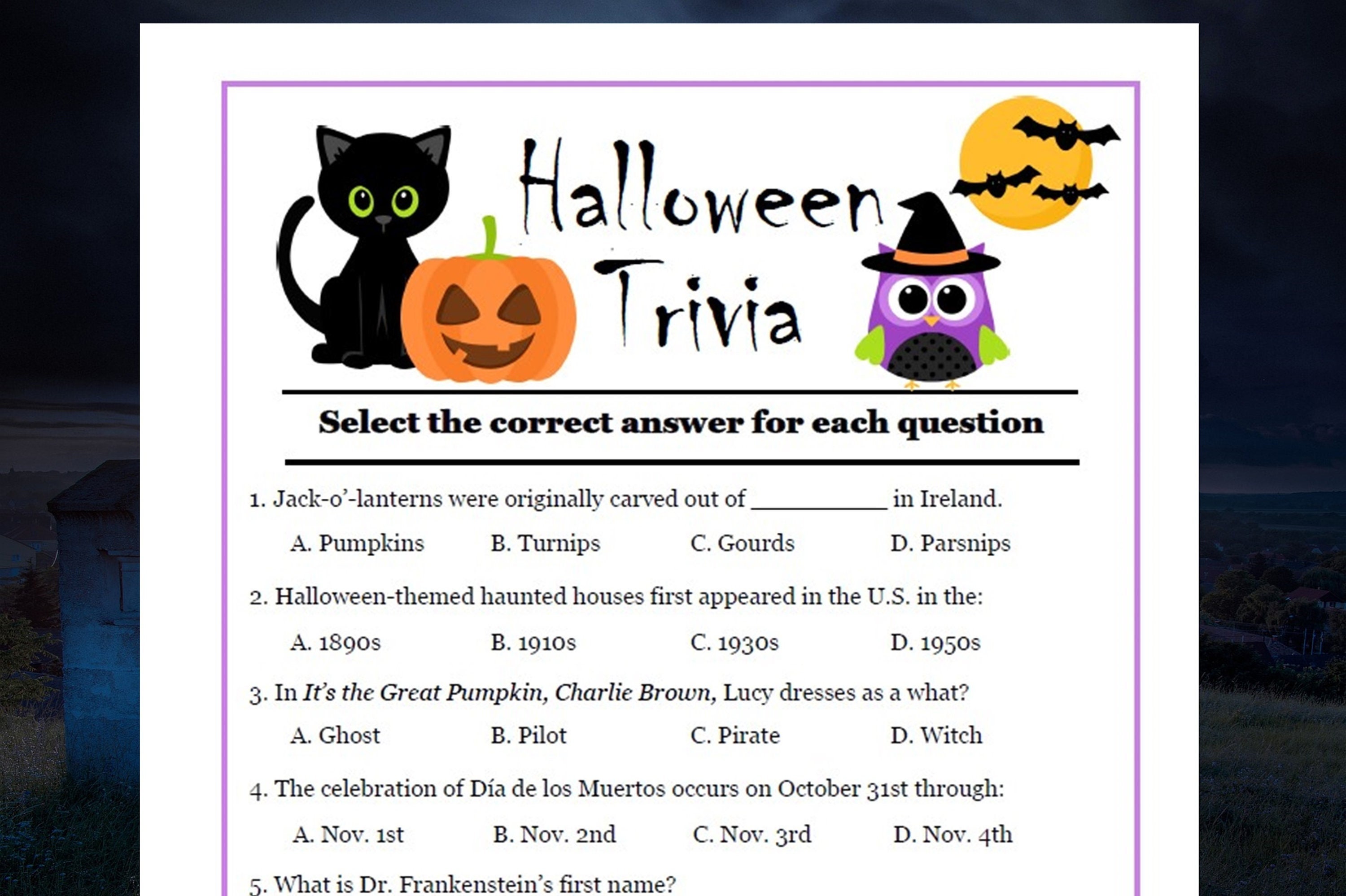 Halloween Trivia Printable Halloween Game Multiple Choice With Answers ...