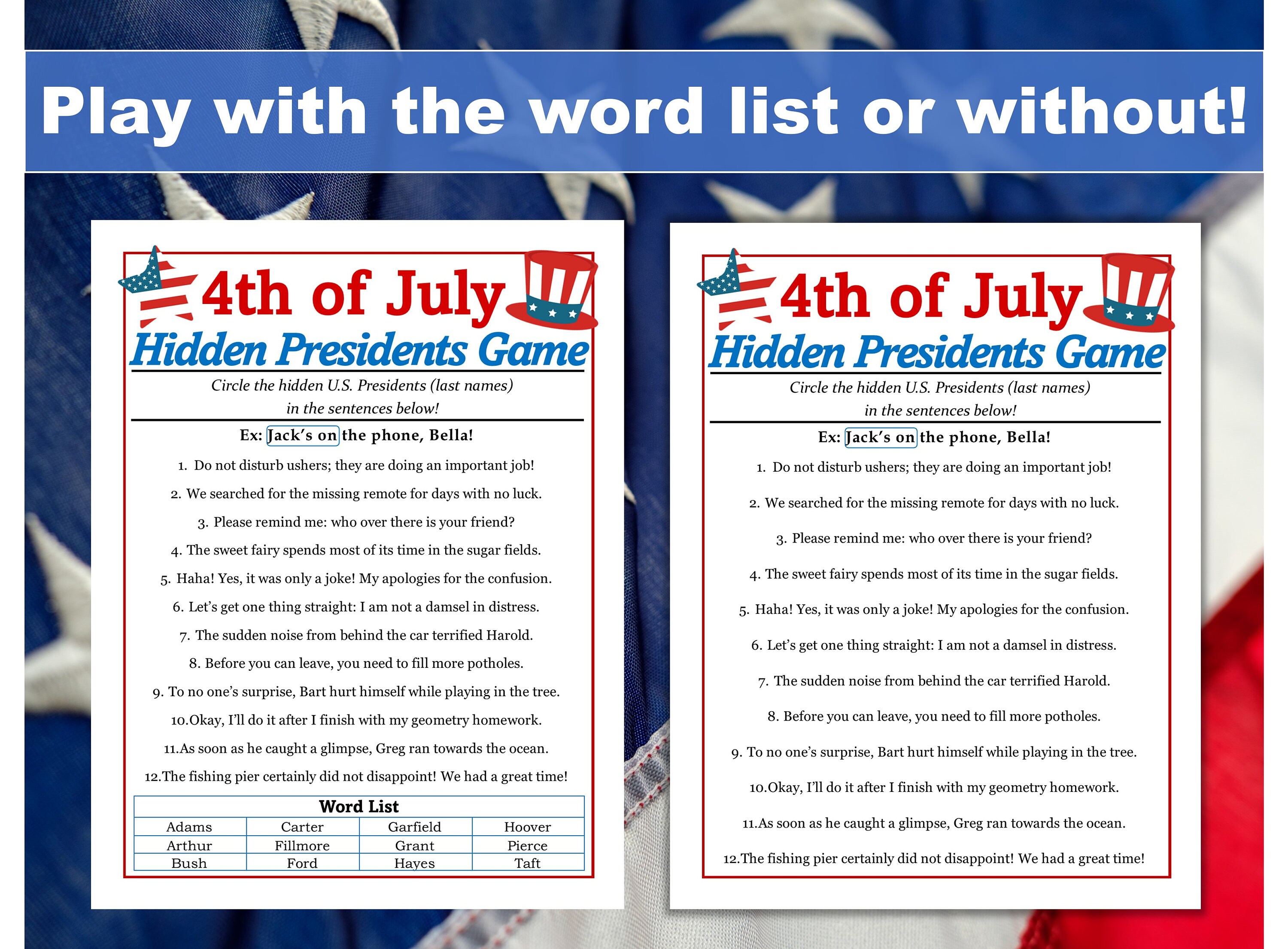 4th of July Printable Game - Hidden Presidents Brainteaser Game for ...