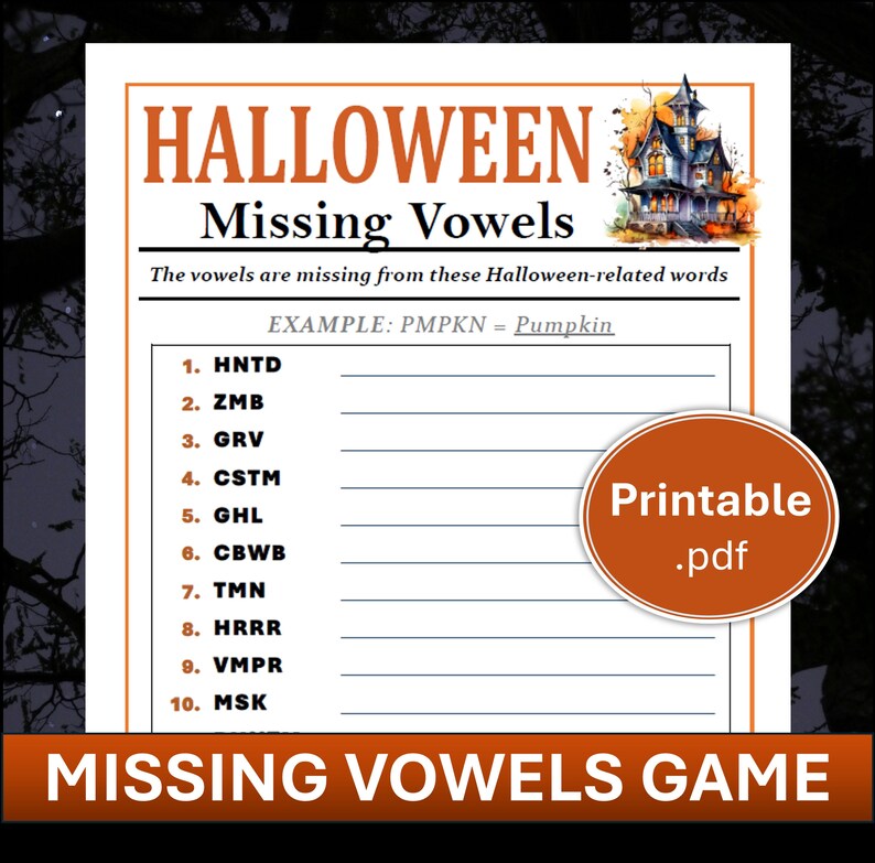 Printable Halloween Game - Missing Vowels - Fun Game for Kids, Teens ...