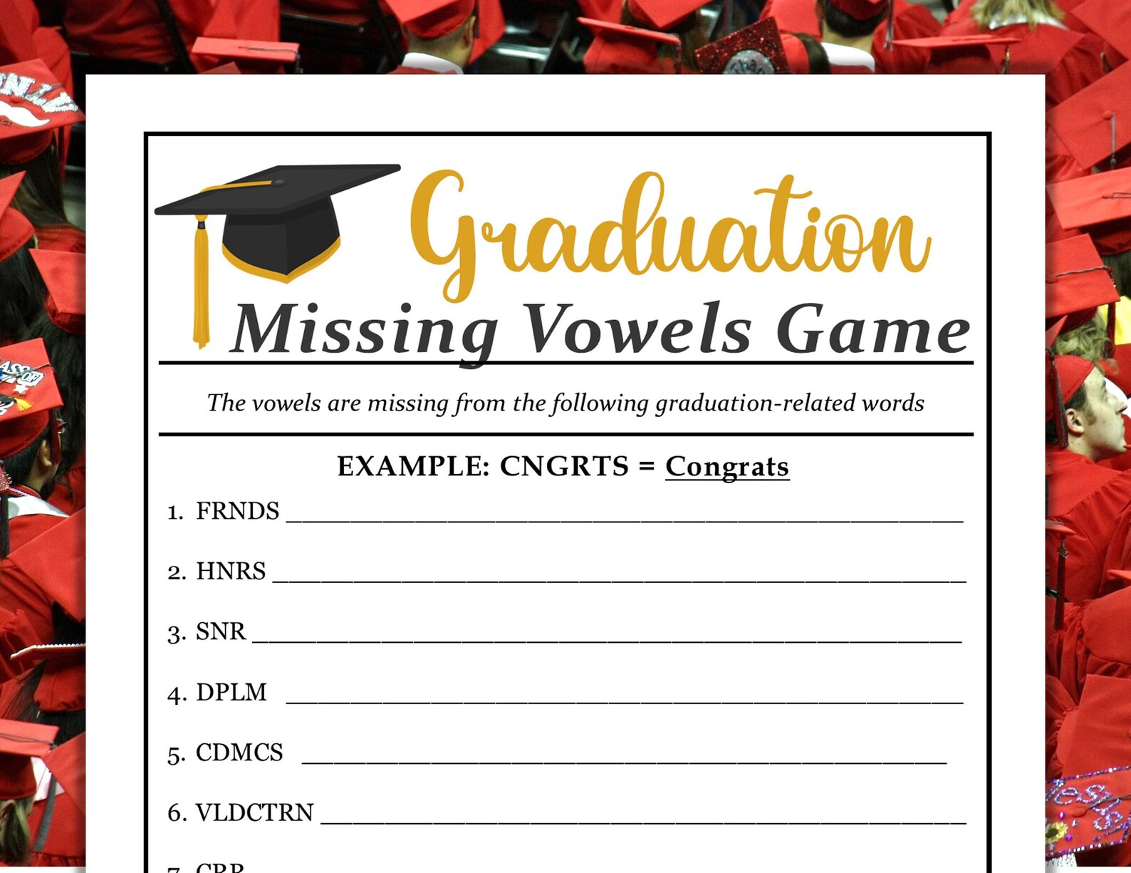 Graduation Missing Vowels Printable Graduation Game Printable ...