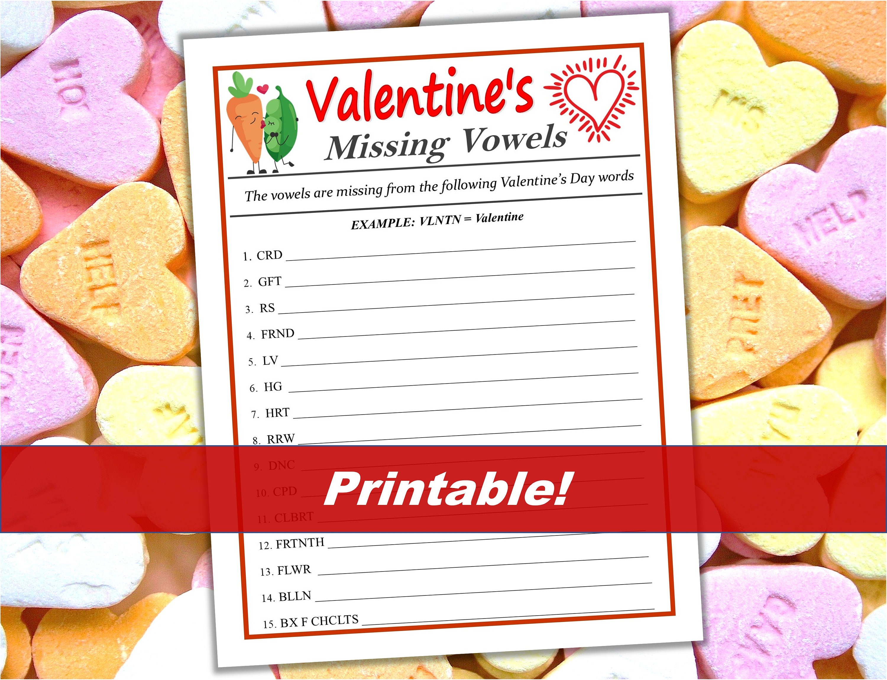 Printable Valentines Word Game - Missing Vowels - Etsy