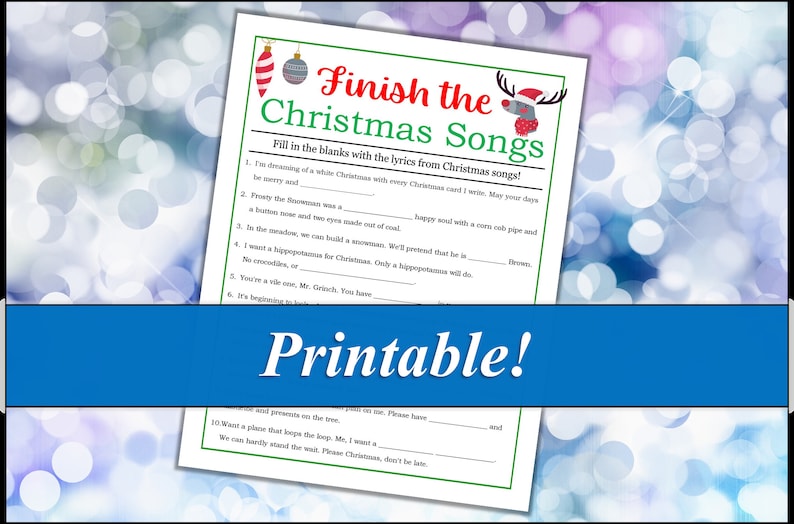 Finish the Christmas Song Game Printable Christmas Trivia Activity With ...