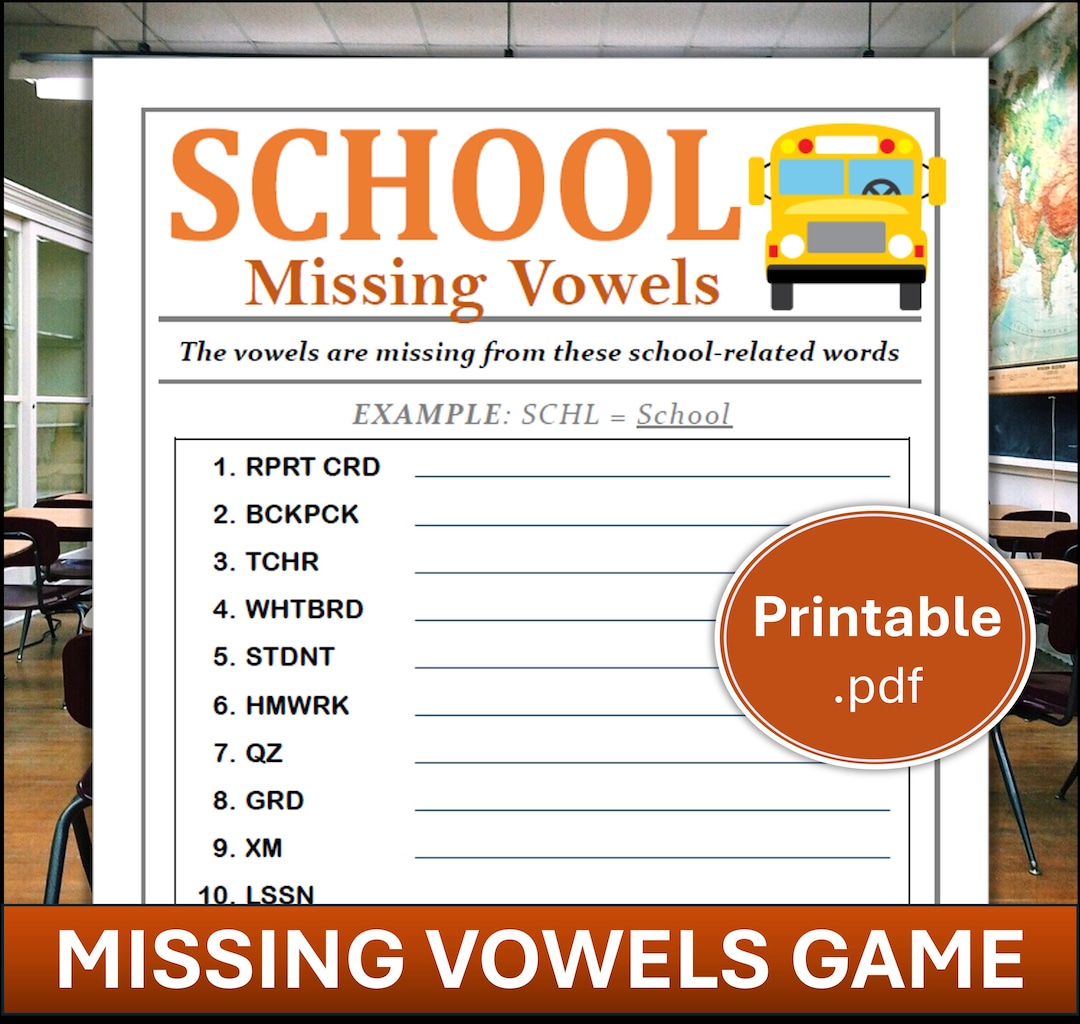 Printable School Game - Missing Vowels - Fun Game for Kids, Teens, and ...