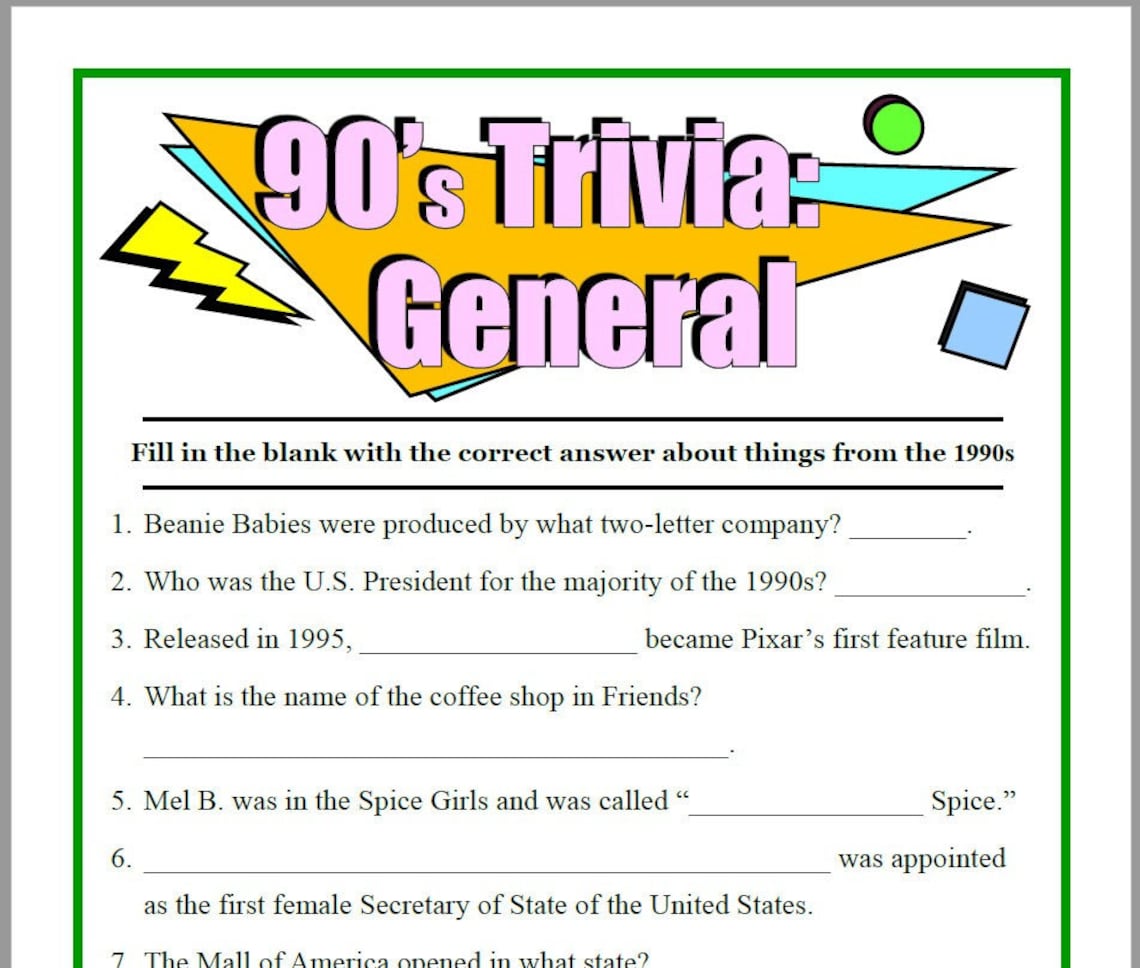 90's Theme Trivia Pack of 50 Questions Questions Cover - Etsy