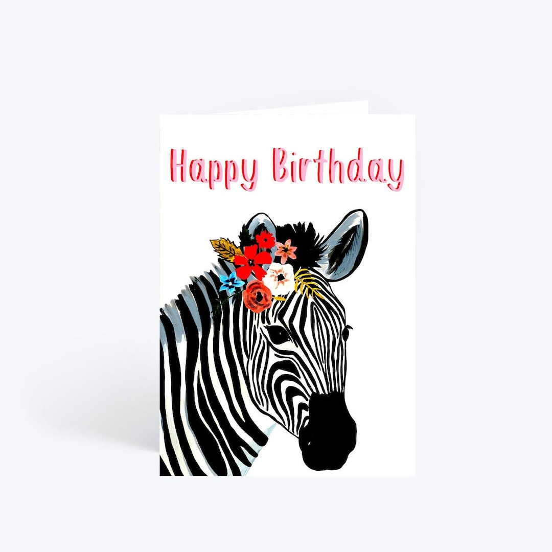 Zebra Card / Greeting Card / Illustration Card / Floral Card / Happy ...