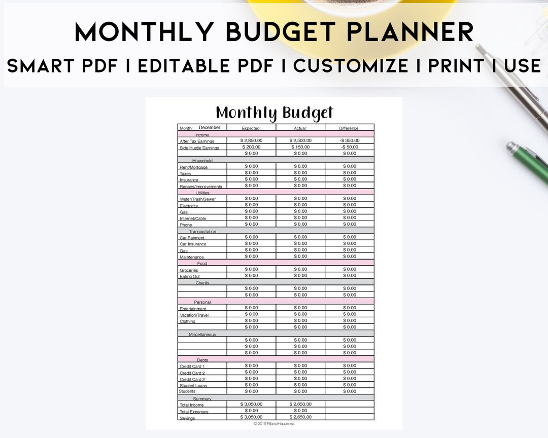 Monthly Budget Planner, Editable Planner Printable, Personalized Budget ...