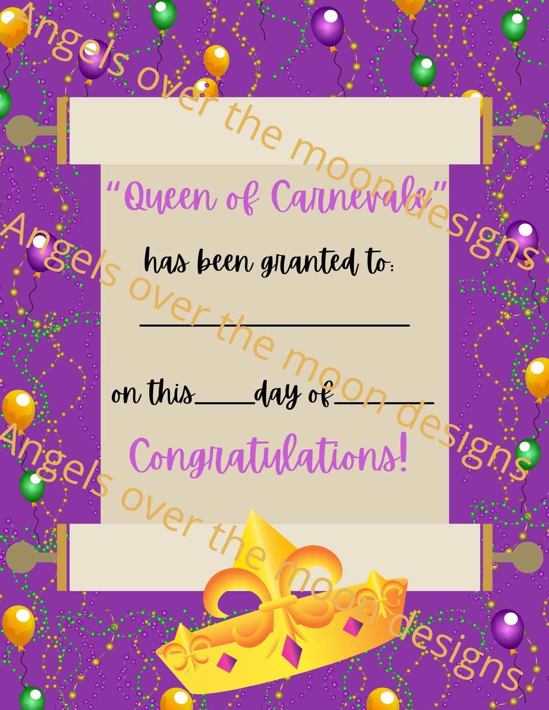 Mardi Gras queen of Carnevale PRINTABLE Certificate - Etsy