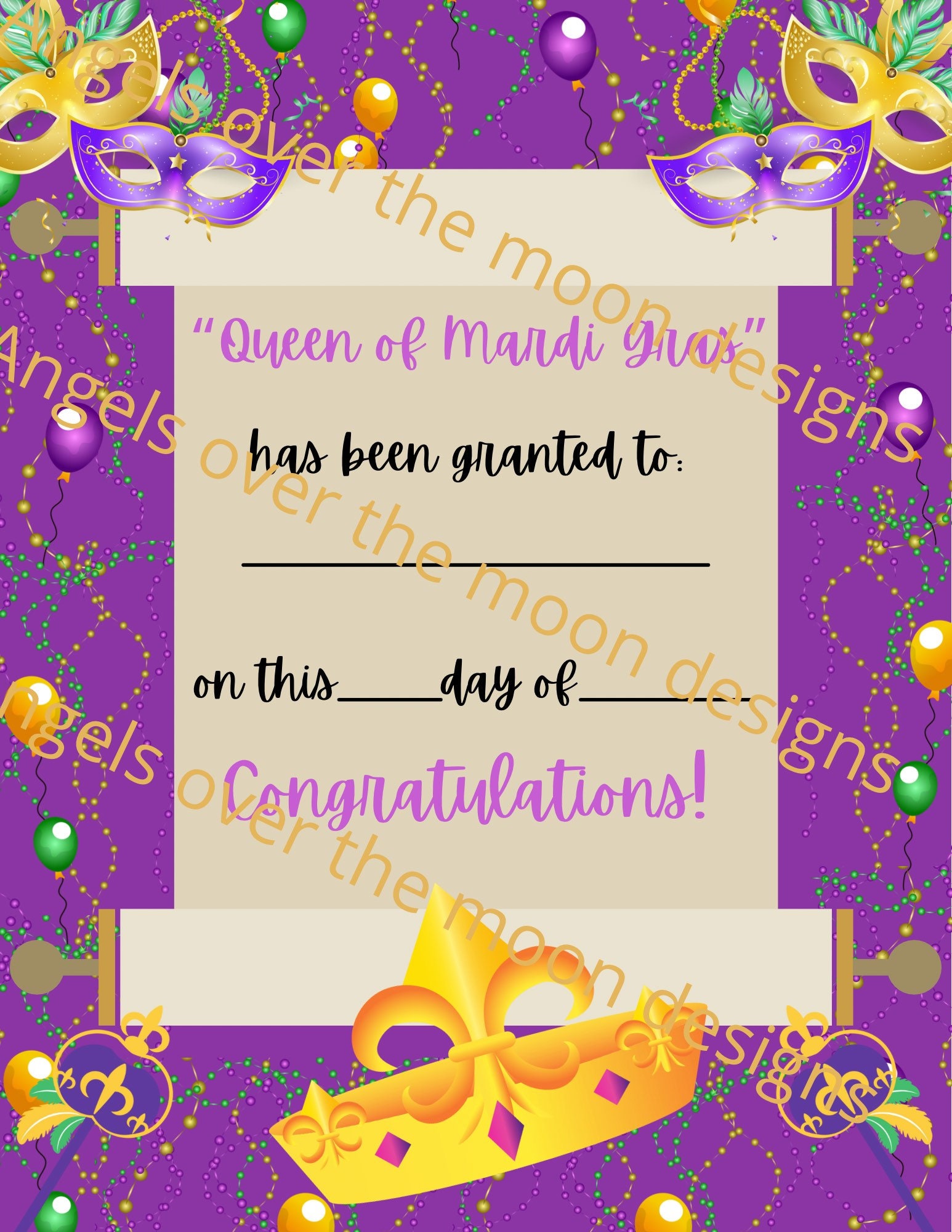 Mardi Gras "queen of Mardi Gras" *PRINTABLE* Certificate - Etsy